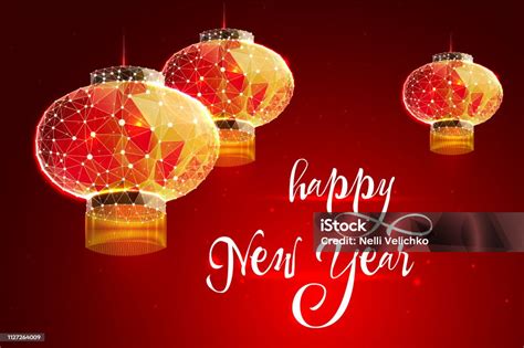 행복 한 중국 새 해 2019 년입니다 붉은 바탕에 낮은 폴 리 와이어 프레임 아트 램프입니다 형태로 밤하늘의 공간 점 선 및