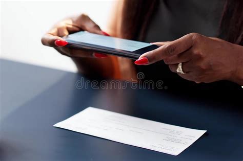 Remote Check Deposit Taking Photo Stock Photo Image Of Woman Deposit 333440622
