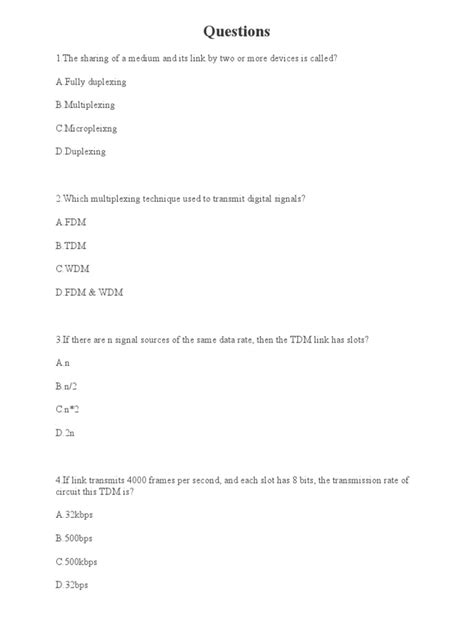 5 Multiplexing Mcq Questions Pdf Multiplexing Modulation