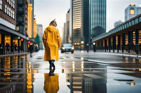 Premium Ai Image A Man In A Yellow Raincoat Walks Down A Street In