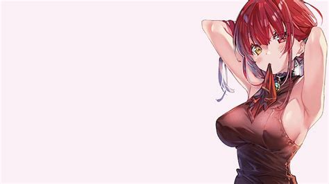 巨乳 曲線美 アニメ アニメの女の子 ストッキング 赤い目 黒髪 帽子 手袋 ガーター ベルト 白色の背景 単純な背景