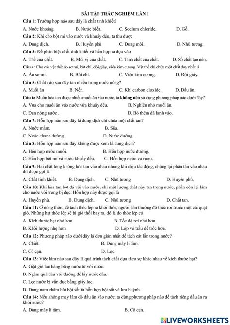 Trắc Nghiệm Khtn 6 Worksheet Live Worksheets
