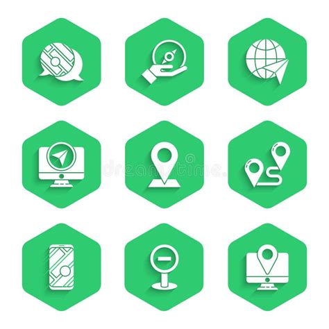 Set Location Stop Sign Monitor With Location Marker Route City Map Navigation Globe Flying