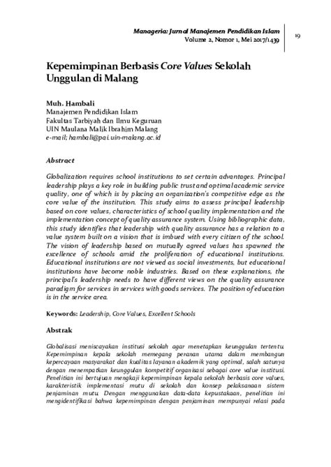 Pdf Kepemimpinan Berbasis Core Values Sekolah Unggulan Di Malang