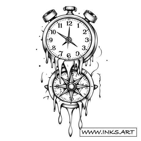 Tattoo Design Melting Clock And Broken Compass Art Style Sketch