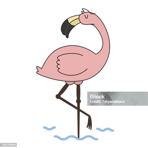 한 쪽 다리에 물 위에 서 귀여운 만화 플라밍고 재미있는 분홍색 플라밍고 자고 휴식을 취합니다 벡터 클립 아트 일러스트레이션을 2d로 합니다 손으로 그린 심플한 스타일
