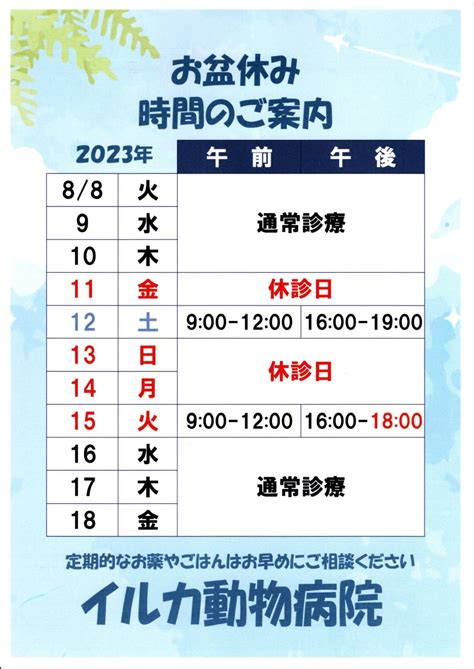 🎐お盆期間の診療案内🎐 イルカ動物病院