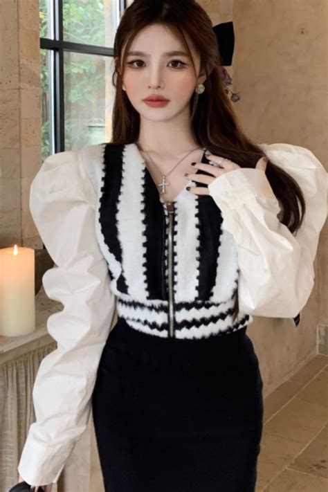 핑크프릴 베티 페이크 두조각 스트라이프 스티치 브이넥 버블 긴팔 롱슬리브 집업 탑