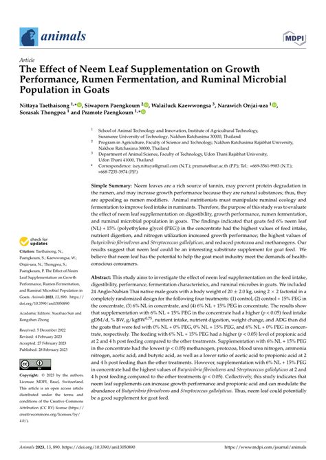 Pdf The Effect Of Neem Leaf Supplementation On Growth Performance Rumen Fermentation And