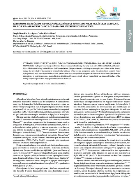 Pdf Estudo Das Ligações De Hidrogênio Para Dímeros Formados Pelas