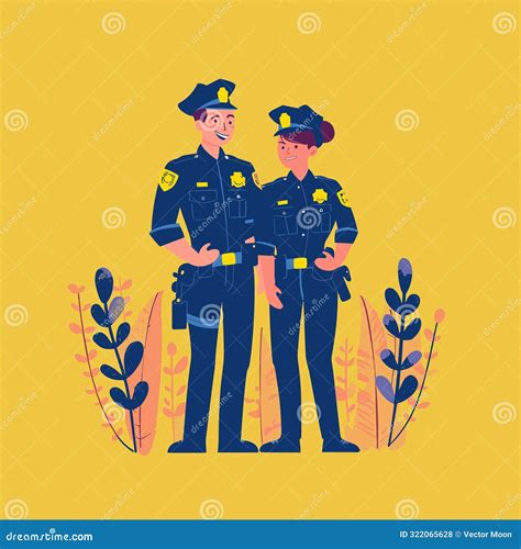 Two Smiling Police Officers Standing Confidently Male Female Cartoon