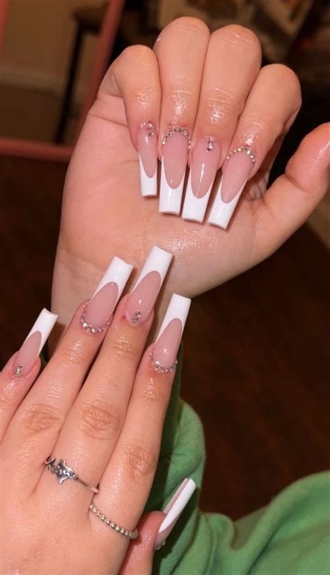 White French Tip With Rhinestones Nails White Tip Acrylic Nails Pink Acrylic Nails Long
