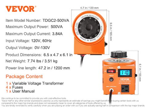 Vevor 500va Auto Variable Voltage Transformer 3 84 Amp 110v Input 0 130v Output Ac Voltage