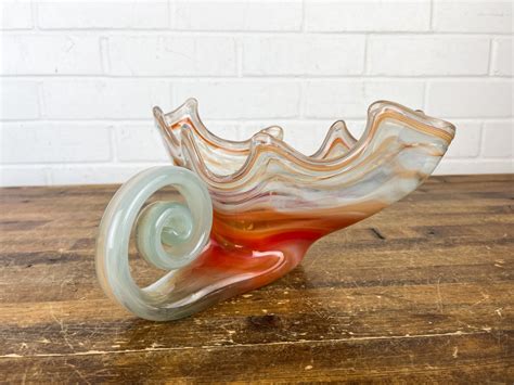 Mid Century Modern Hand Blown Art Glass Orange Centerpiece Shell Shaped