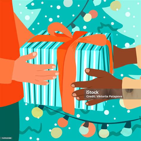 크리스마스와 새해 복 많이 받으세요 템플릿 세련된 복고풍 스타일 한 남자가 친구에게 선물을 준다 주기에 대한 스톡 벡터 아트 및