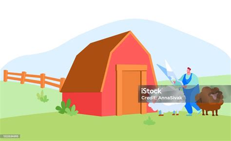 나무 헛간 근처 양모에 대한 남성 농부 깎는 양 농장에서 작업 과정에서 양쉬어 캐릭터 시어러 남자 양 털을 제거 Ewe 데 양털