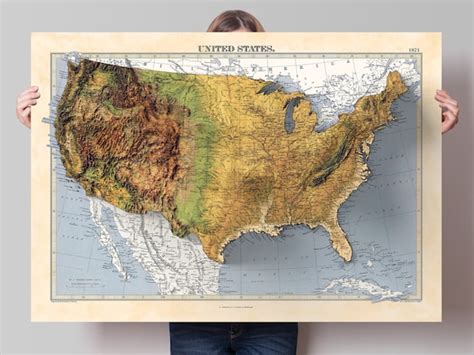 Usa Terrain Relief Map 2d Giclée Print 3d Effect Shaded Etsy