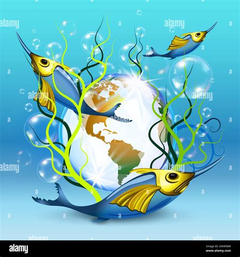 Underwater World With Three Blue Swordfishes Swimming Around The Earth