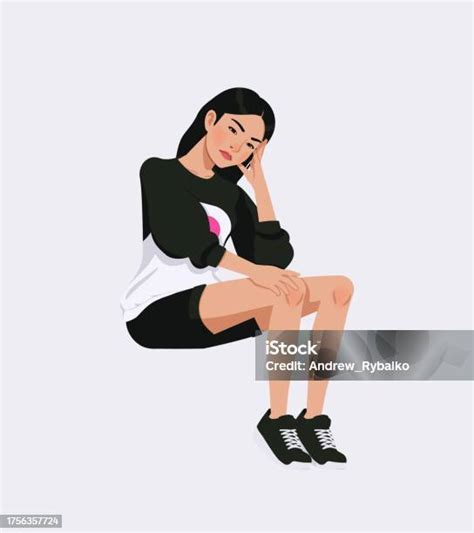 아시아 소녀 한국 여성 귀여운 십대 앉아 수심에 잠긴 슬픈 자세 동아시아 문화에 대한 스톡 벡터 아트 및 기타 이미지