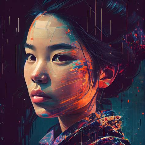 글리치 효과 삽화가 있는 아시아 여성의 추상 초상화 Generative Ai 프리미엄 사진