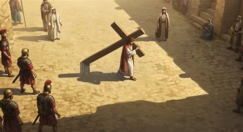 Jesus Carrying Cross Through Street Depicts Christian Religious Passion