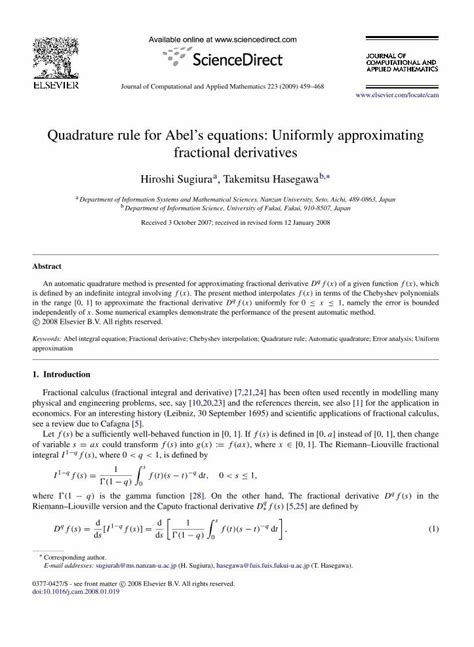 Pdf Quadrature Rule For Abels Equations Uniformly Approximating Fractional Derivatives