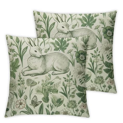 Comio Spring Green Pillow Covers Set Of 2 Rabbit Bunny Floral Leaf
