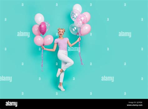 Full Body Photo Of Cool Millennial Blond Lady With Balloons Wear T