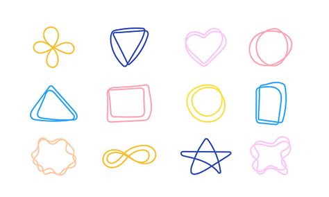 손으로 그린 컬러 테두리 또는 프레임 프리젠테이션을 위한 장식 요소 기하학적 모양을 낙서합니다 삼각형 하트 원 별 사각형을 낙서합니다 벡터 그림 개체 그룹에 대한 스톡 벡터