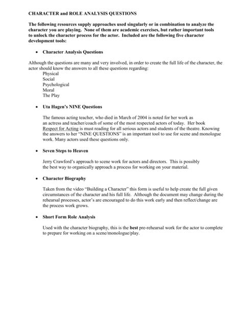 Character Role Analysis Questions For Actors