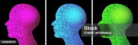 픽셀 헤드 프로파일 집합입니다 인공 지능 로고 컬렉션 Ai 기술 아이콘 파란색 녹색 분홍색 색상 벡터 일러스트레이션 개념에 대한 스톡 벡터 아트 및 기타 이미지 Istock