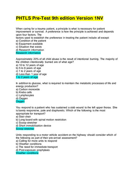Solution Phtls Pre Test 9th Edition Version 1nv Questions And Answers