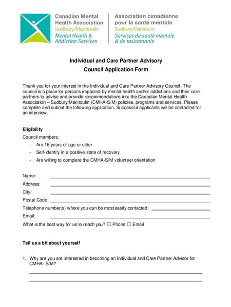 Fillable Online Sm Cmha Individual And Care Partner Advisory Council