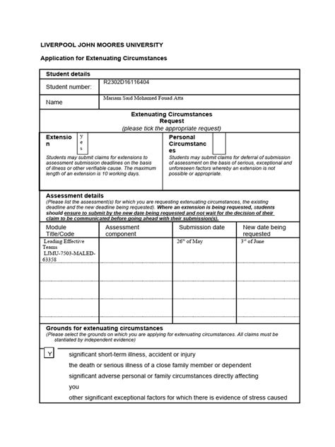 Unicaf Ljmu Extenuating Circumstances Form Pdf Mitigating Factor