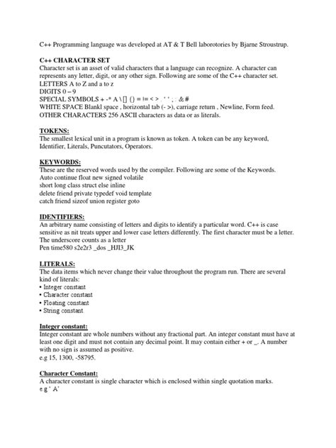 C Programming Language Character Set Tokens Keywords Identifiers
