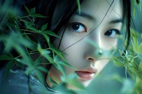 Mystical Woman Peering Through Foliage Premium Ai Generated Image