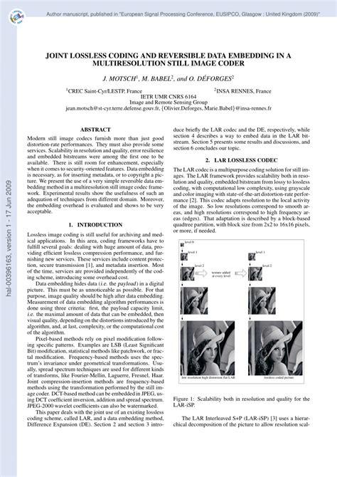 Pdf Joint Lossless Coding And Reversible Data Embedding In A Multiresolution Still Image Coder