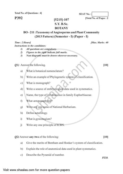 Taxonomy Of Angiosperms And Plant Community B Sc Botany Semester SYBSc