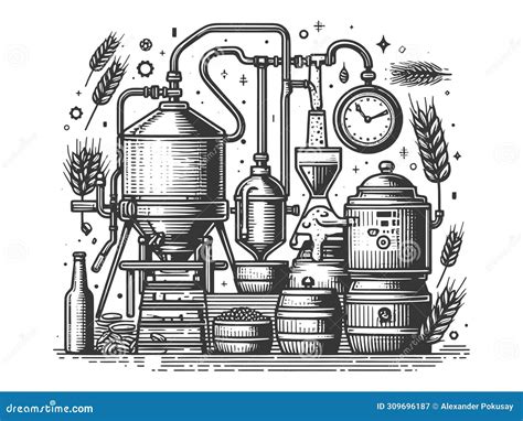 Beer Brewing Process Factory Sketch Raster Stock Illustration