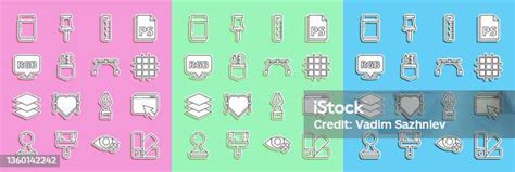 세트 라인 색상 팔레트 가이드 웹 디자인 및 개발 그리드 그래프 용지 눈금자 교차 눈금자 연필 Rgb Cmyk 지우개 고무 및