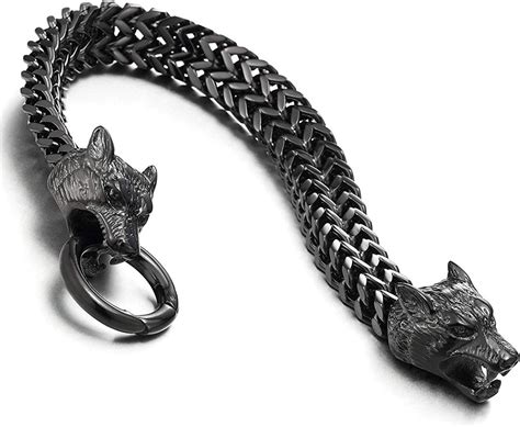 COOLSTEELANDBEYOND Biker Mens Stainless Steel Wolf Head Franco Link Curb Chain Bracelet With
