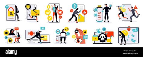 Colorful Flat Design Cybersecurity Icons Set With Criminals Hacking Into Gadgets Isolated Vector