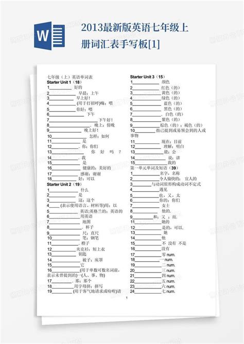 2013最新版英语七年级上册词汇表手写板 1 Word模板下载 编号qzwjvwpo 熊猫办公