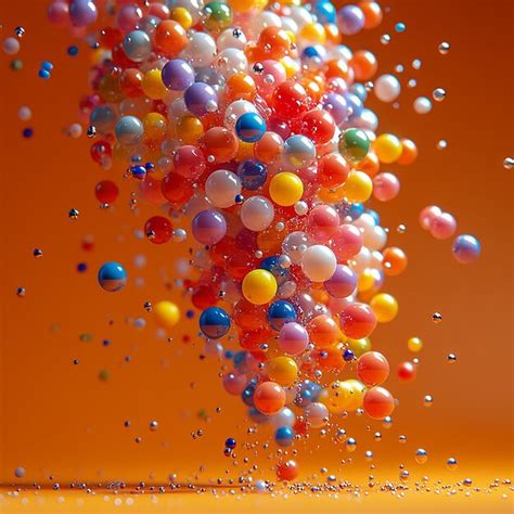 Commercial Photography Colorful Small Plastic Balls Falling In A Orange