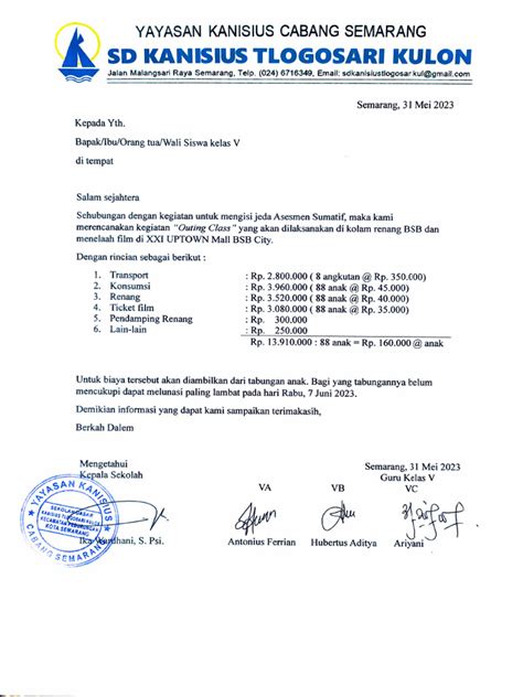 Surat Pemberitahuan Outing Class V Pdf