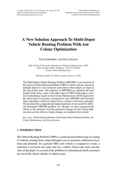 Pdf A New Solution Approach To Multi Depot Vehicle Routing Problem With Ant Colony Optimization