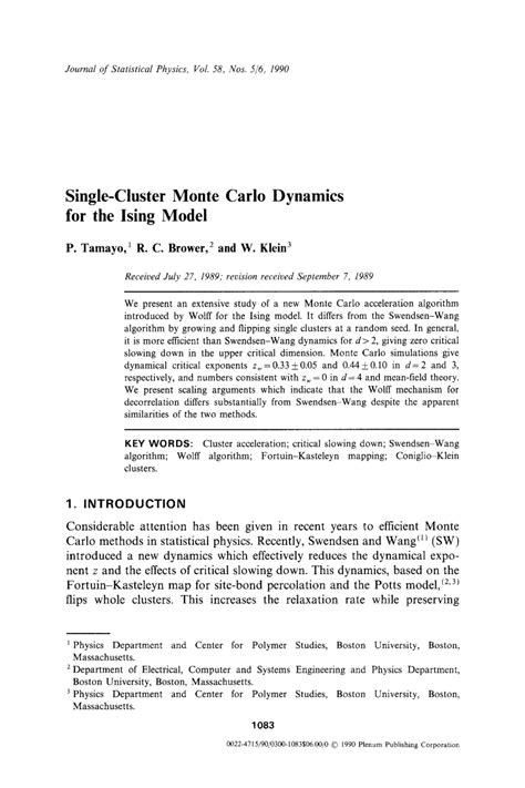 Pdf Single Cluster Monte Carlo Dynamics For The Ising Model