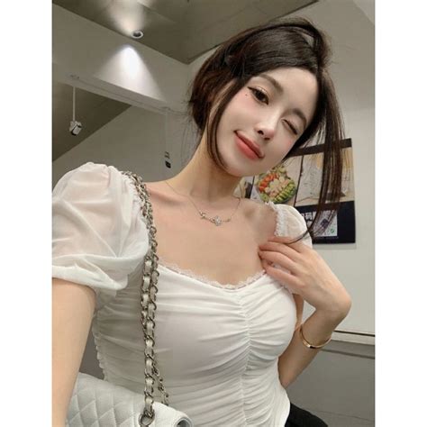 Sezo Korean Fashion Womens Lace Bubble Sleeve Short Sleeve Shirt Women