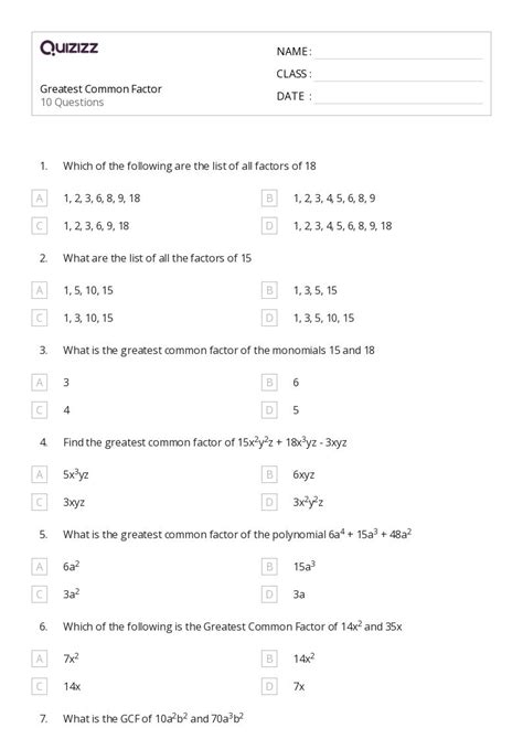 Greatest Common Factor Worksheets For Th Class On Quizizz Free