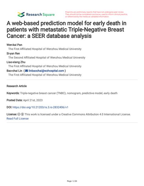 Pdf A Web Based Prediction Model For Early Death In Patients With Metastatic Triple Negative